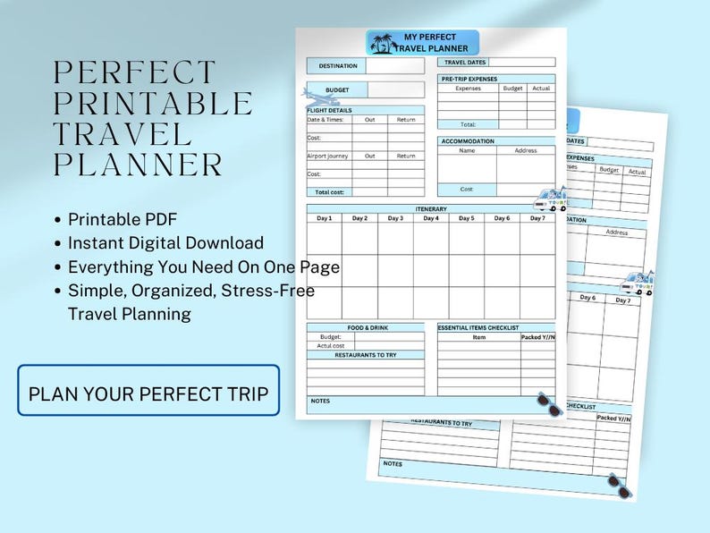 Perfect One Page Travel Planner | Printable Travel Itinerary Template ...