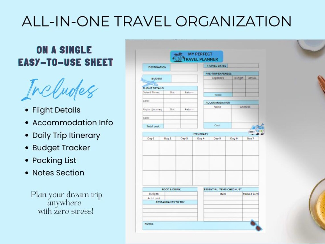 Perfect One Page Travel Planner | Printable Travel Itinerary Template ...