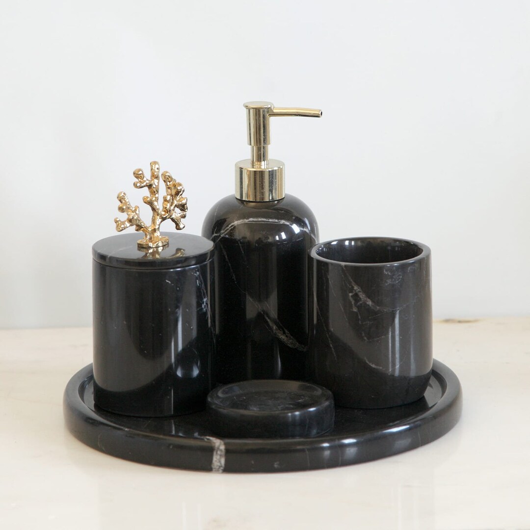 5 Pieces Classic Black Marble Bathroom Set, Soap Dispenser for Your ...