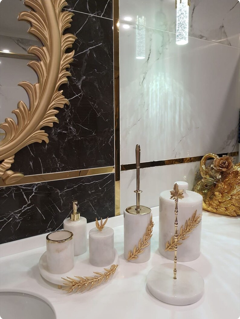 7 Pieces White Marble Bathroom Set With Brush Decoration, Marble ...