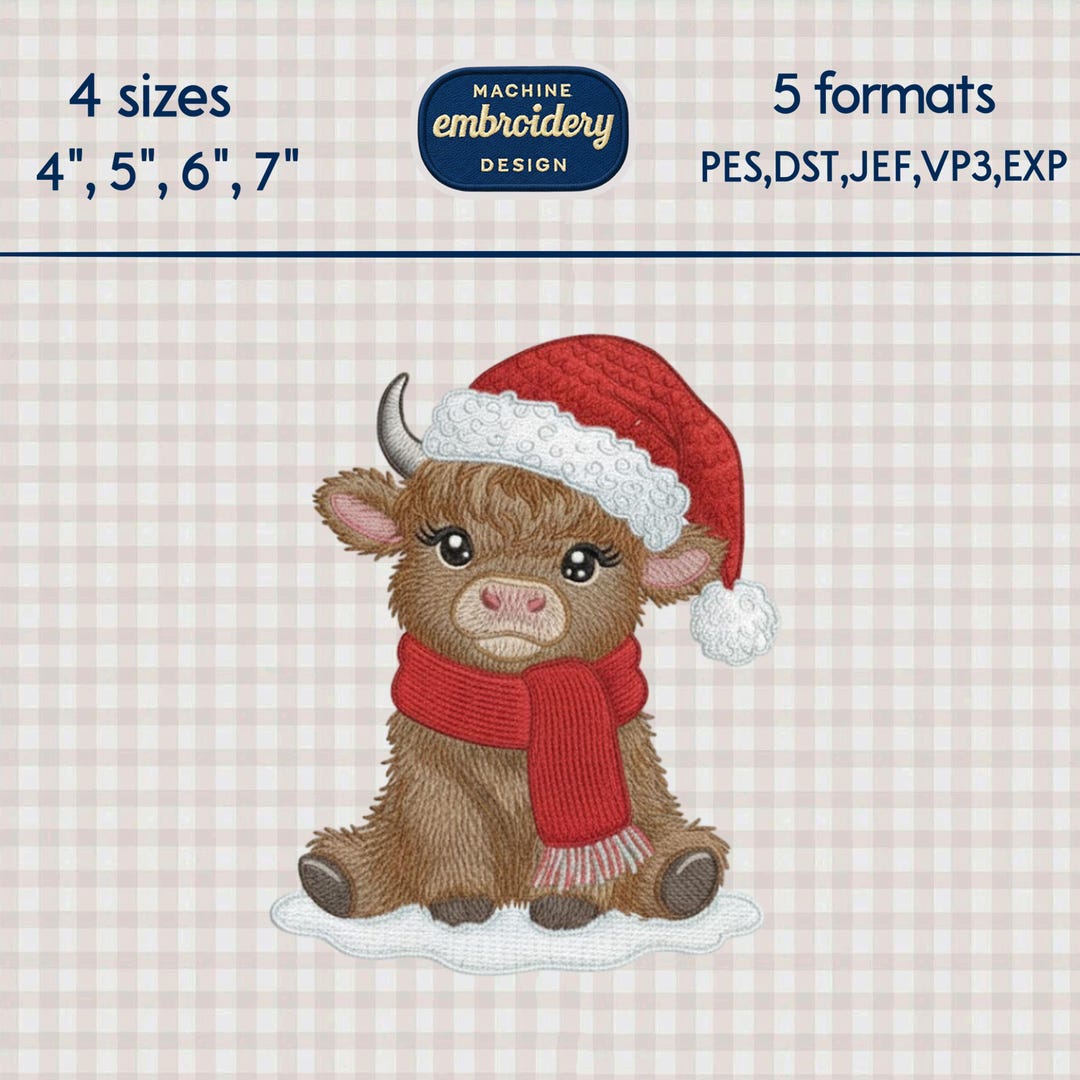 Highland Cow Christmas Embroidery Design, Santa Hat, Festive Lights ...