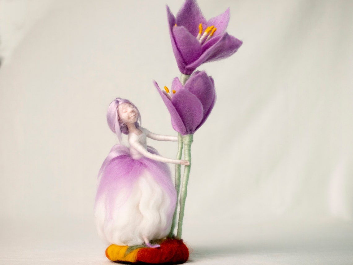 Crocus Fairy With Her Beloved Flowers. Needle Felted Character - Etsy