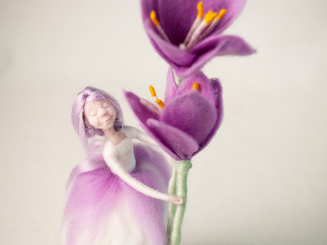 Crocus Fairy With Her Beloved Flowers. Needle Felted Character With Wet ...