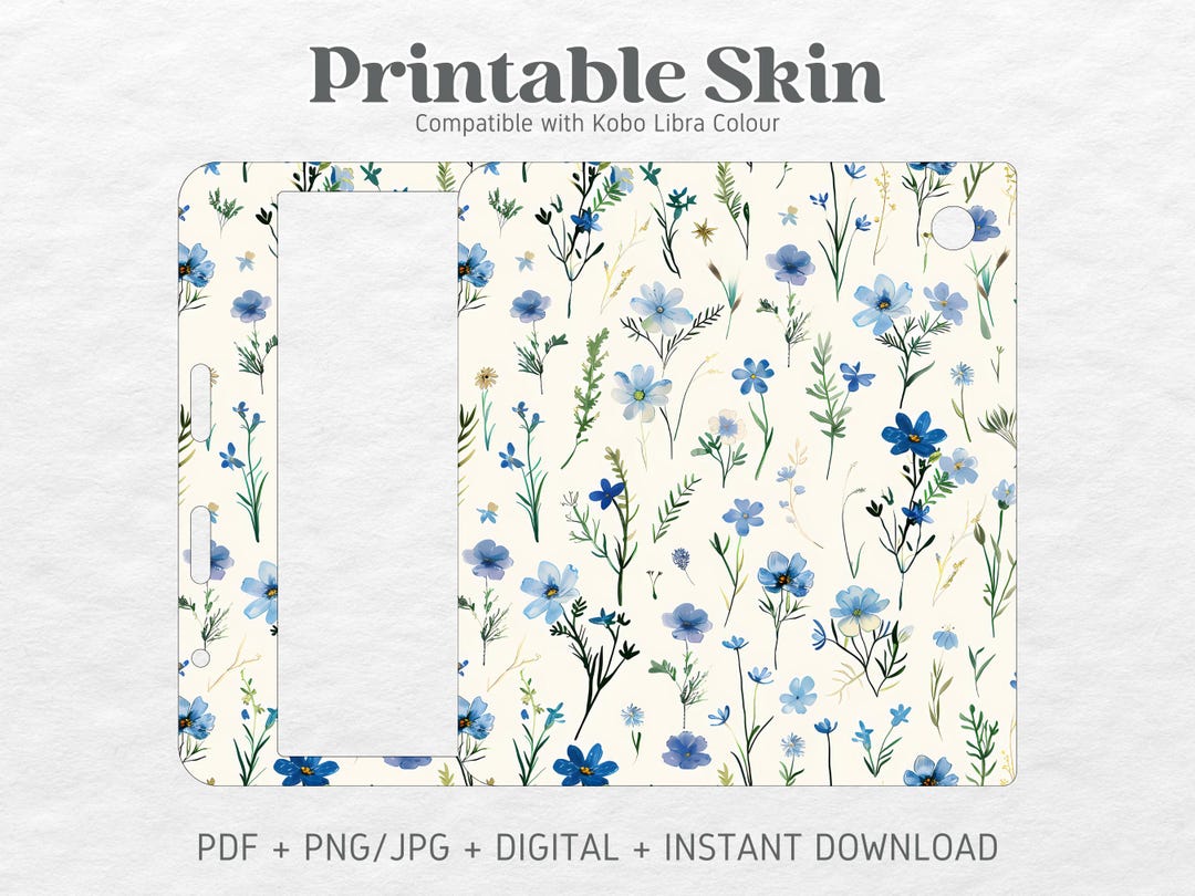 Kobo Libra Colour Skin Decal Case Inserts | Blue Dainty Floral ...