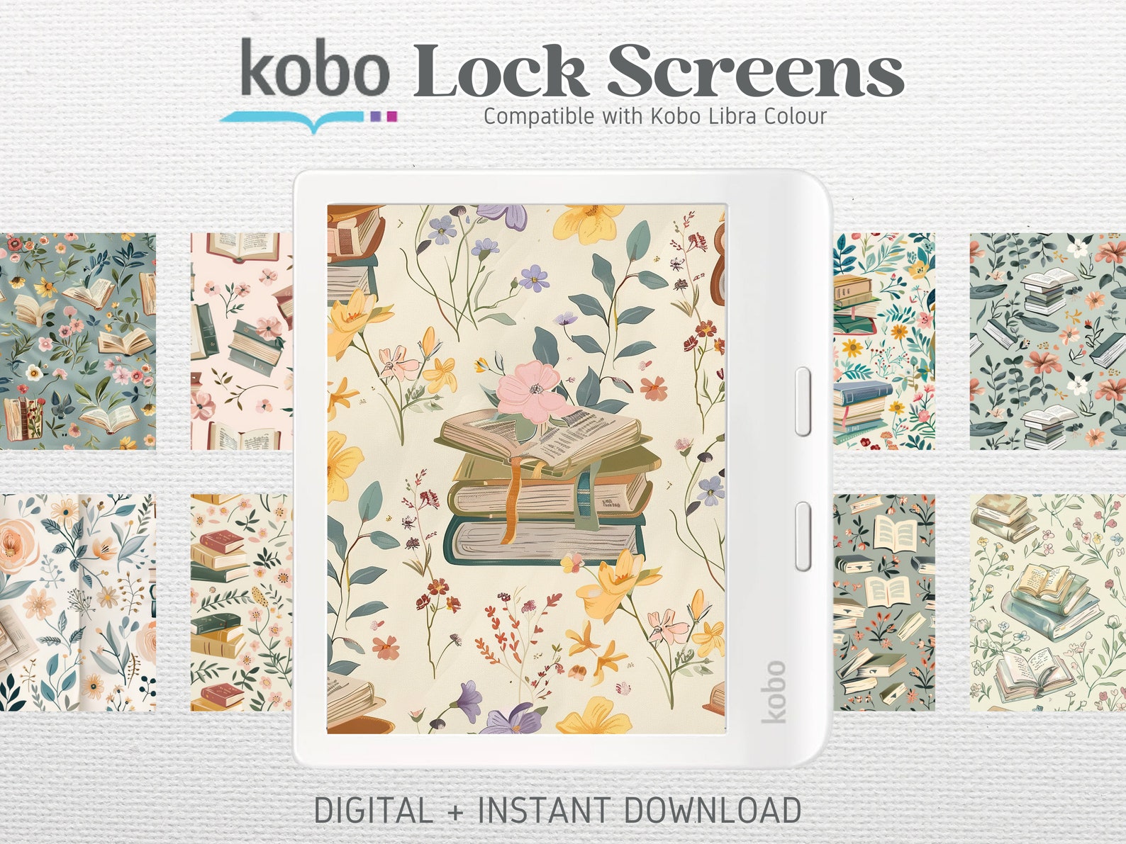 12 Kobo Libra Colour Lock Screens Screensavers Floral Books Vol 1 ...
