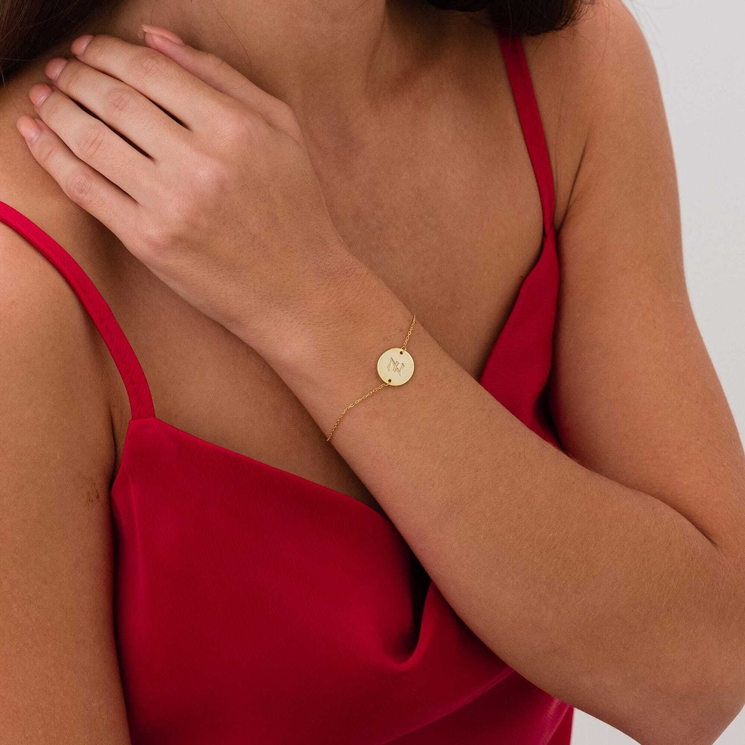 Personalized Disc Letter Bracelet, Tiny Disc Bracelet, Dainty Letter Disc, Birthday Gift ...