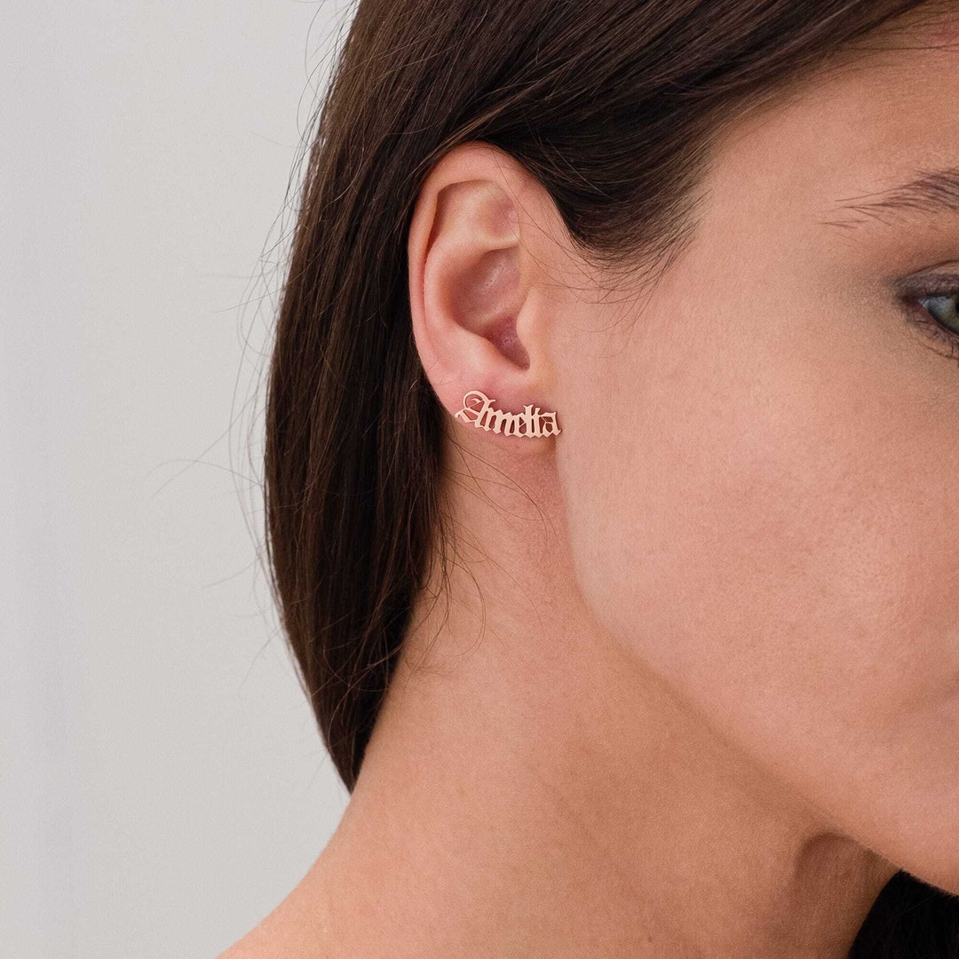 14K Gold Name Earring, Personalized Jewelry, Stud Earring, Custom Name ...