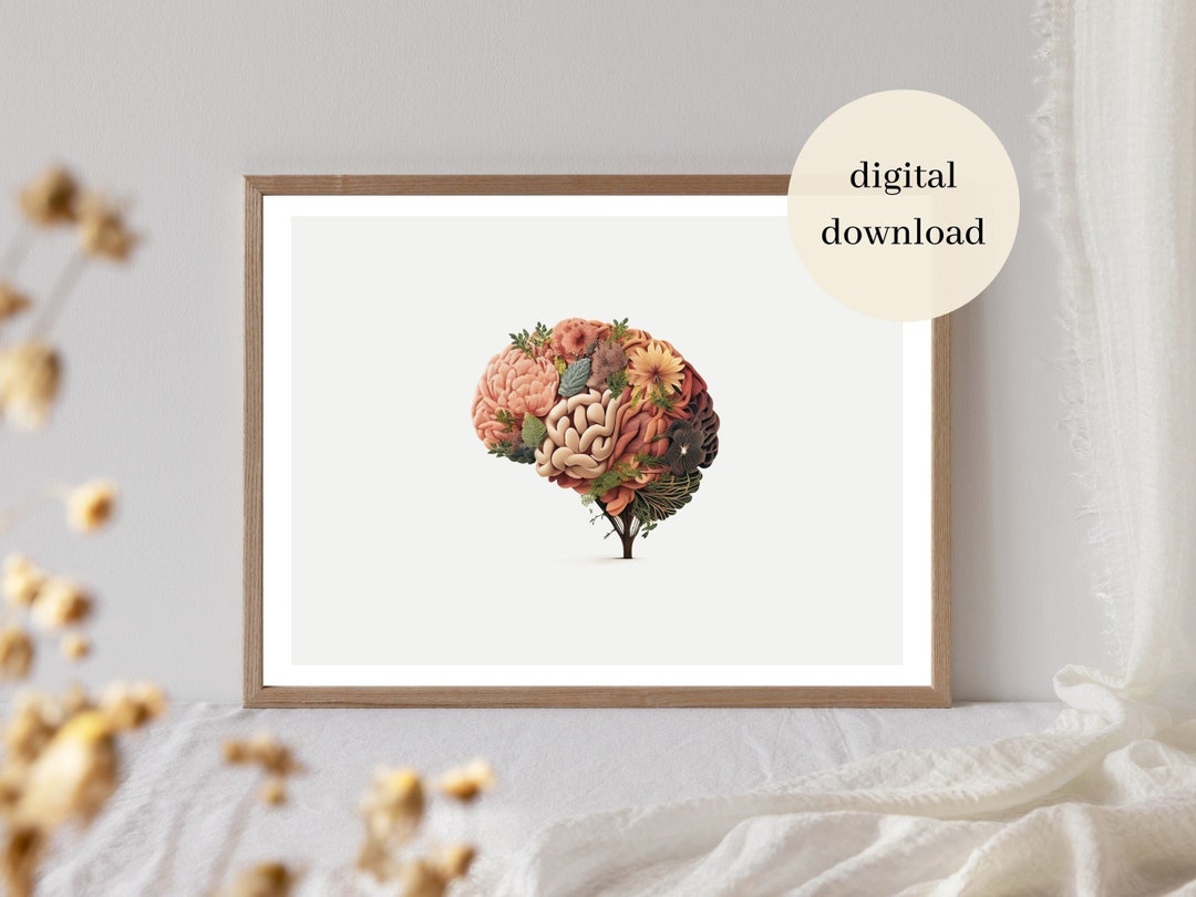 Brain Art Flower Print, Therapist Decor, Inspirational Mental Health ...