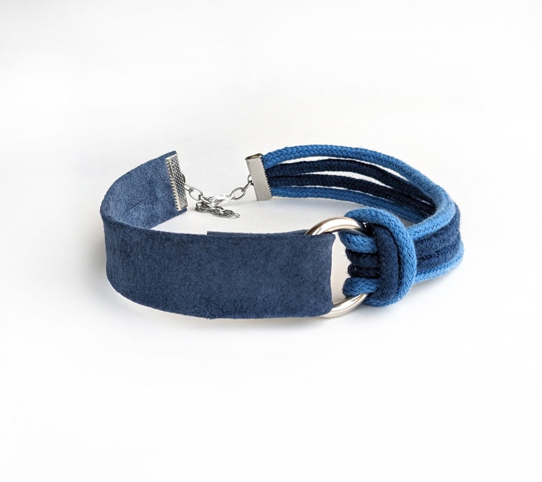Blue Leather Choker Necklace/ Jeans Blue Necklace/ Leather Choker ...