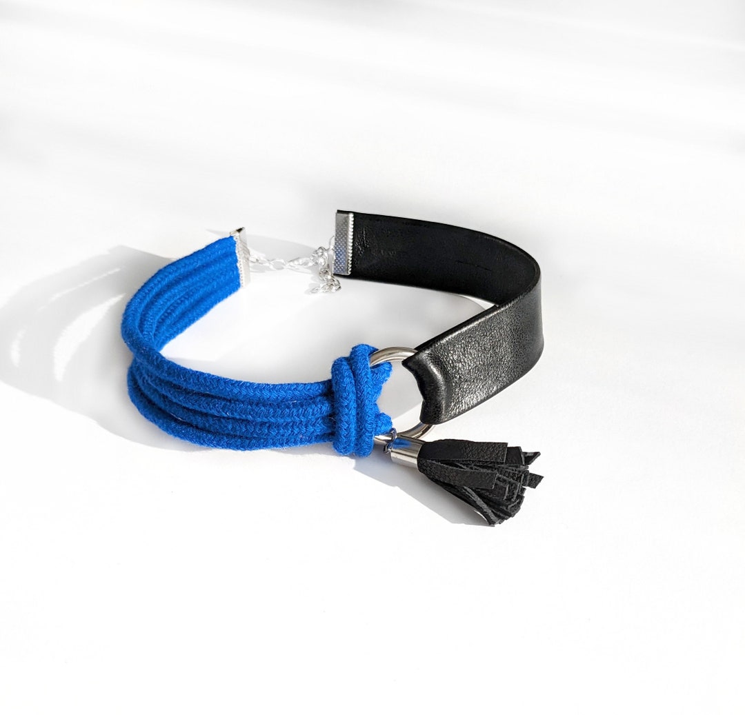 Black and Blue Leather and Rope Choker Necklace/ Bright Blue Choker ...