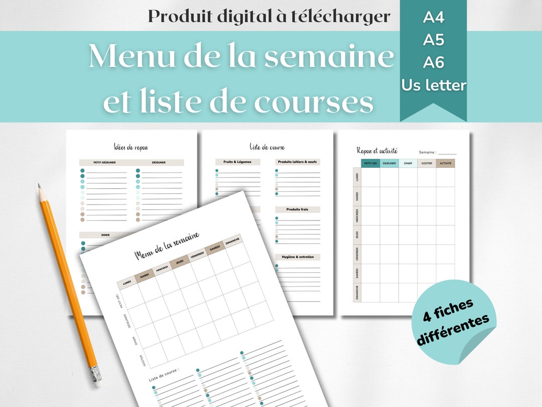 Organiseur de menus de la semaine et liste de courses à imprimer ...