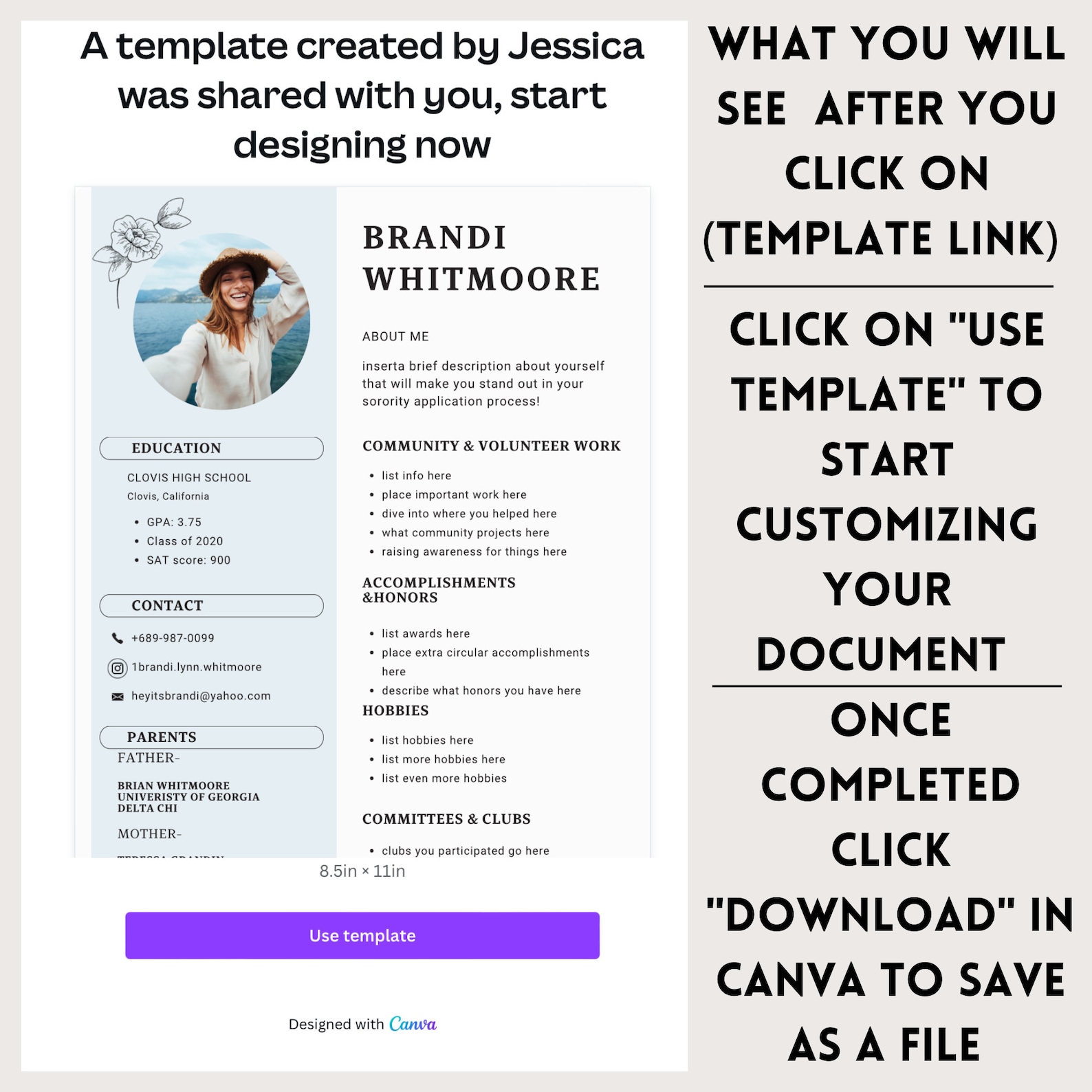 Sorority Resume Template With Photo, Editable Sorority Resume and Cover ...