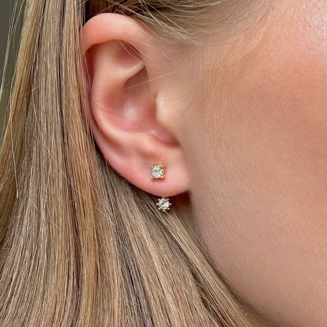 Double Diamond Ear Jacket in Gold, Minimalist Small Diamond Earrings ...