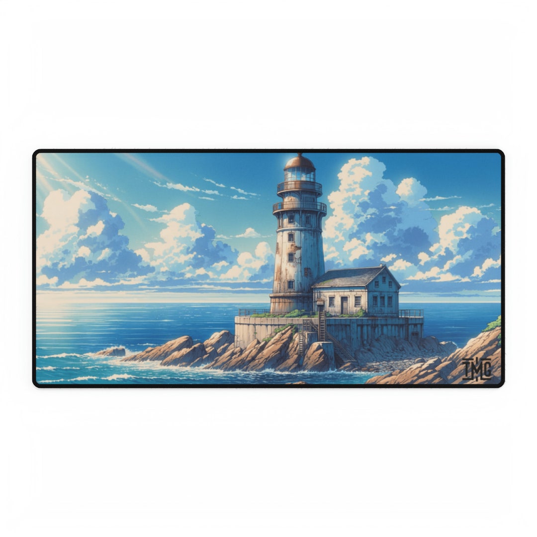 Coastal Beacon Desk Mat Weathered Lighthouse and Ocean View Design for ...
