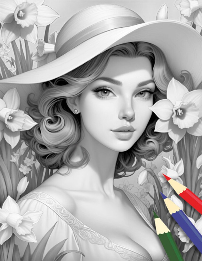 30 Blooming Lady Coloring Pages, Beautiful Women With Flowers Coloring ...
