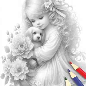 Little Girl and Puppy Coloring Pages, Cute Little Girl With Flowers ...