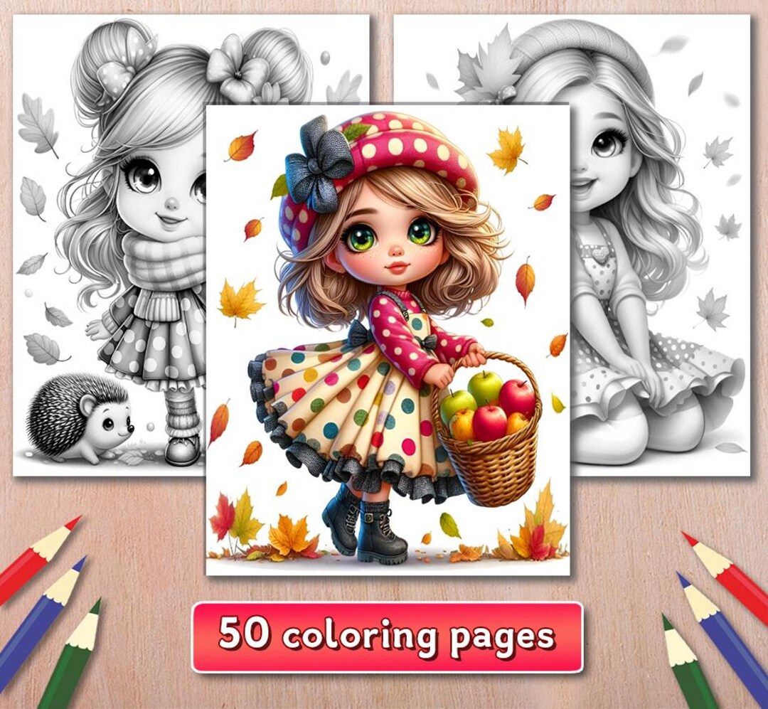 Autumn Girl Coloring Book, Lady Grayscale Coloring Page, 50 Printable ...