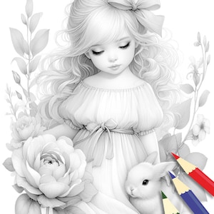 Girl and Bunny Coloring Pages, Cute Little Girl With Flowers and Bunny ...