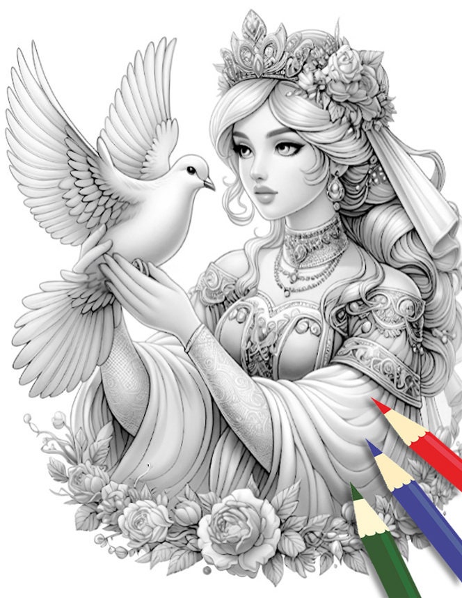 Cute Princess With Pigeon Coloring Pages, Coloring Book Fairy Tale ...