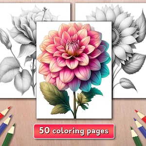 50 Flowers Coloring Pages: Grayscale Floral Illustrations, Digital ...