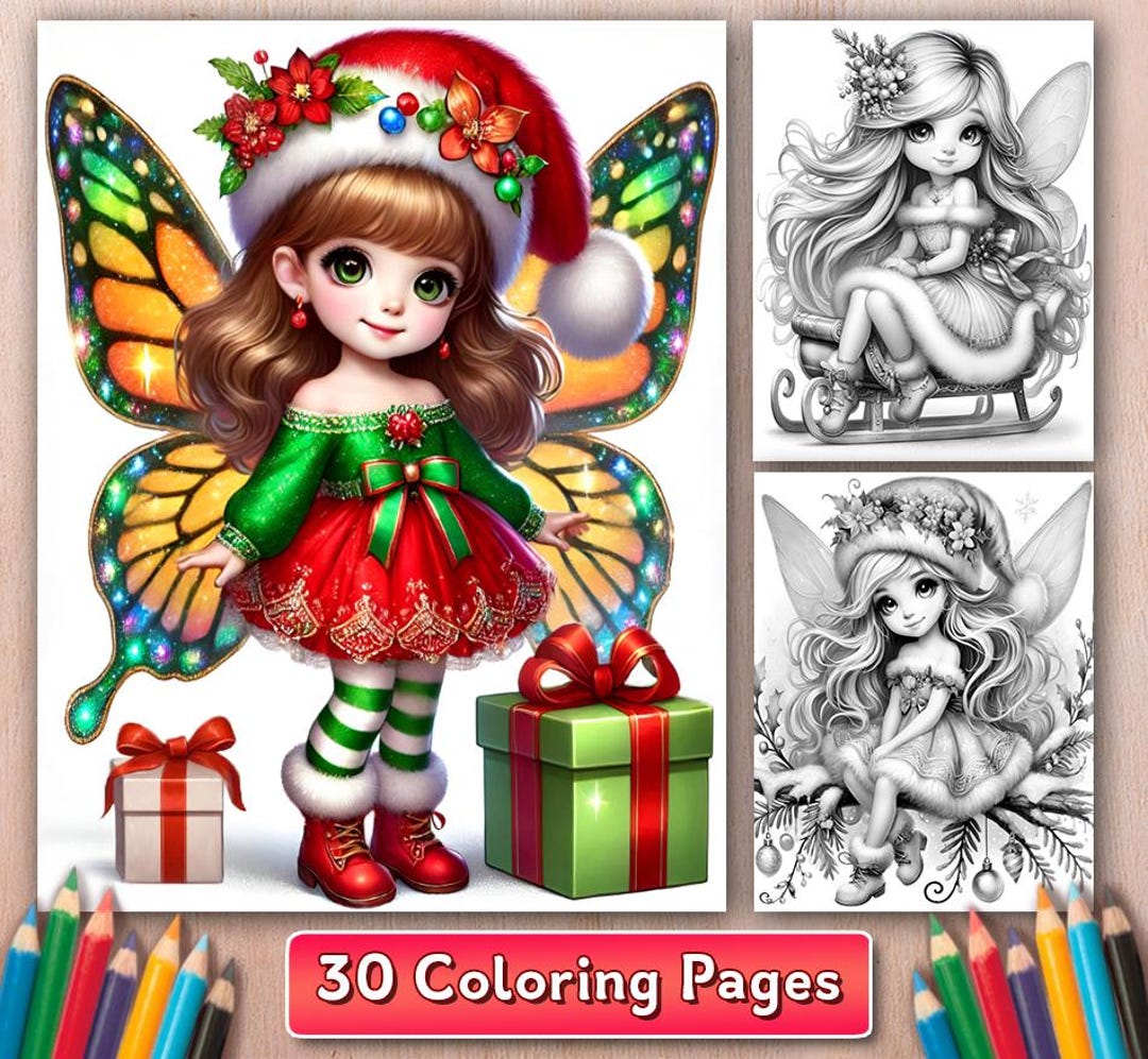 30 Christmas Fairy Coloring Pages, Cute Xmas Fairy Grayscale Coloring ...