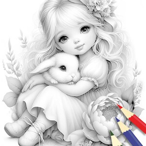 Girl and Bunny Coloring Pages, Cute Little Girl With Flowers and Bunny ...