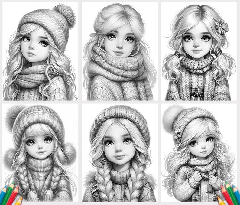 Winter Girls Portrait Coloring Book: 30 Grayscale Pages, Digital ...