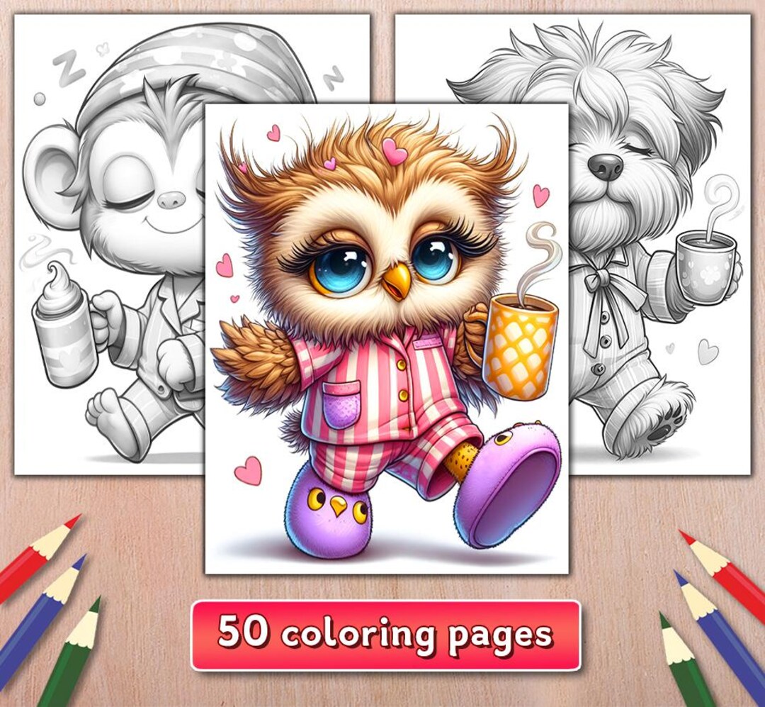 50 Animals With Cup of Coffee Coloring Pages, Animals in Pajamas ...