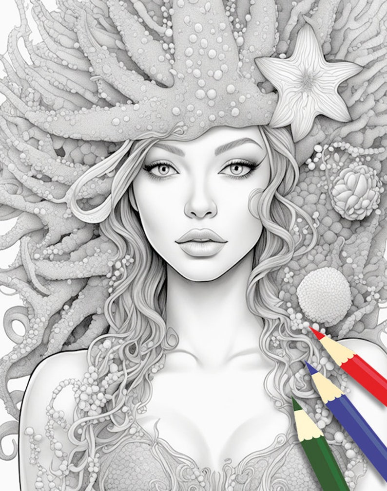 Sea Queen Coloring Pages, Portrait Woman Coloring Sheet, Fantasy ...
