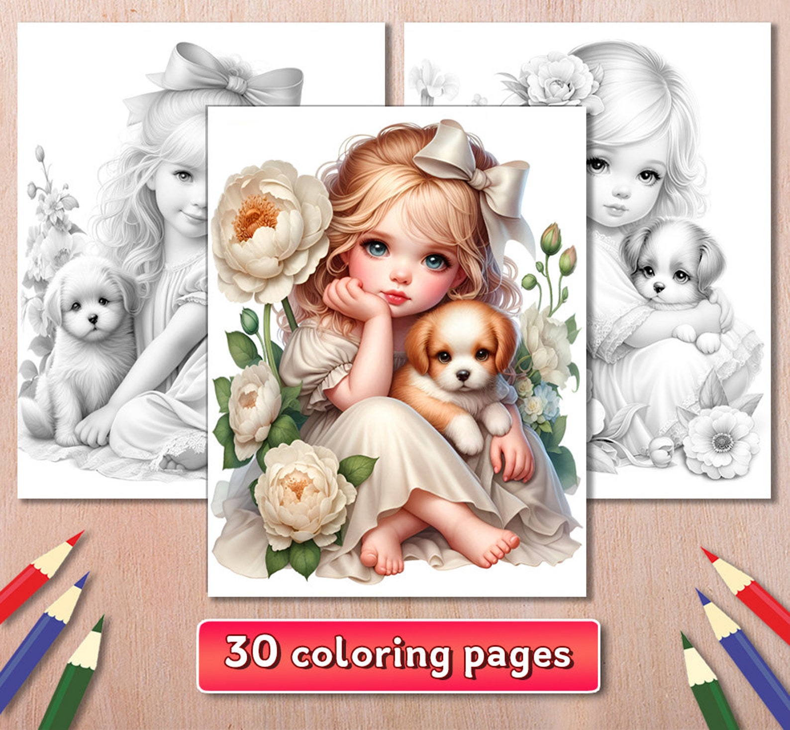 Little Girl and Puppy Coloring Book: 30 Grayscale Pages (instant ...