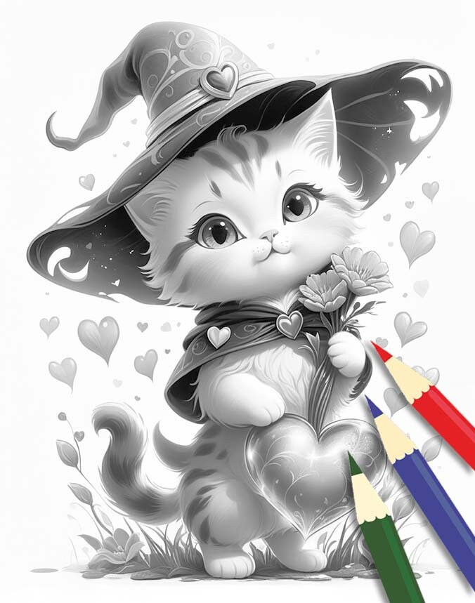 30 Cute Cats Witch Coloring Pages, Fantasy Coloring Book for Adults and ...