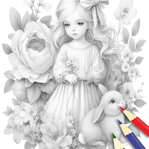Girl and Bunny Coloring Pages, Cute Little Girl With Flowers and Bunny ...