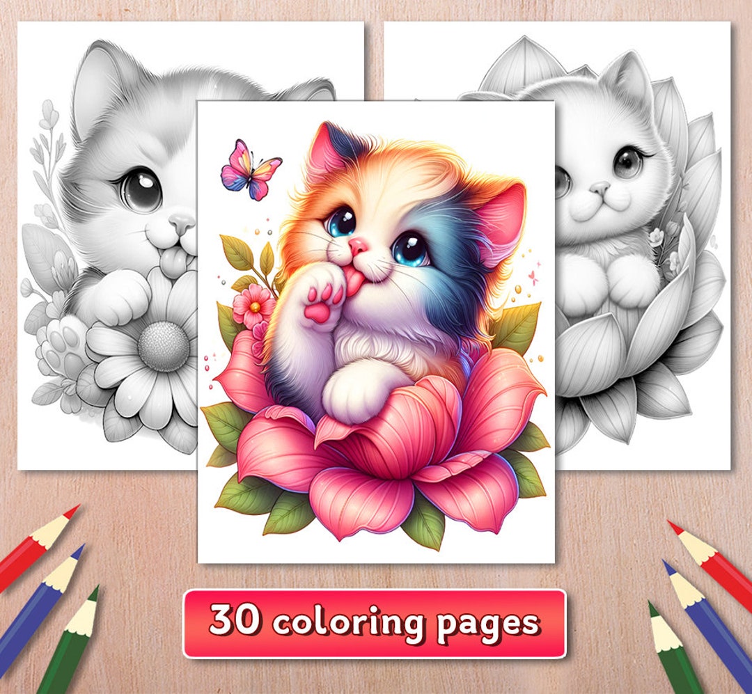 Cute Kitten and Flowers Coloring Pages, Adorable Cat Coloring Book ...