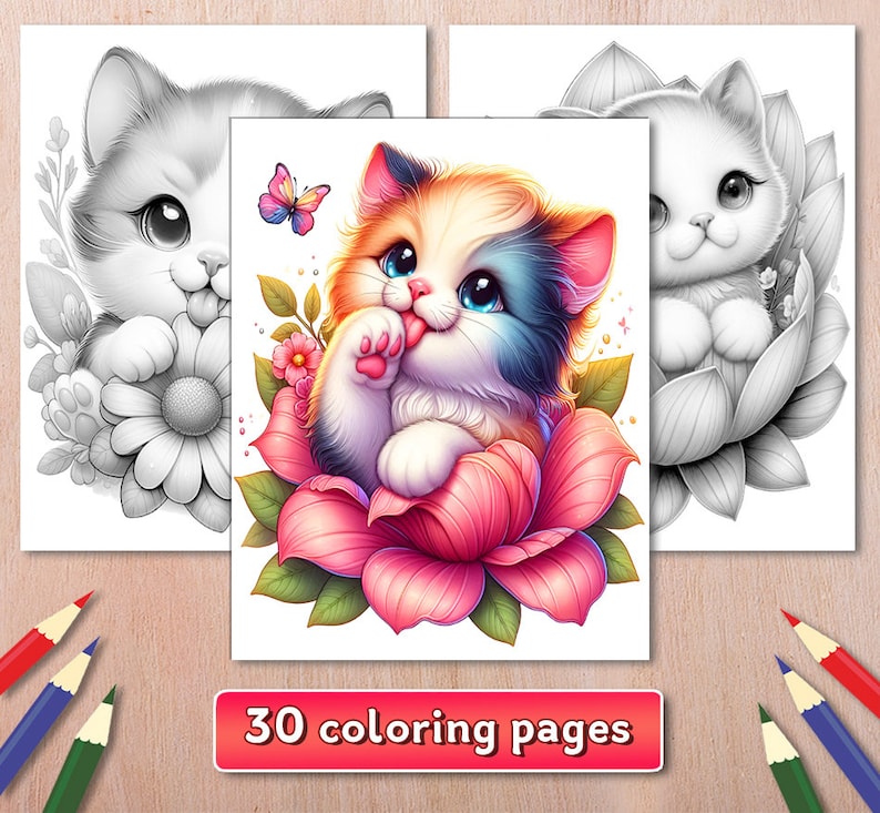 Cute Kitten and Flowers Coloring Pages, Adorable Cat Coloring Book ...