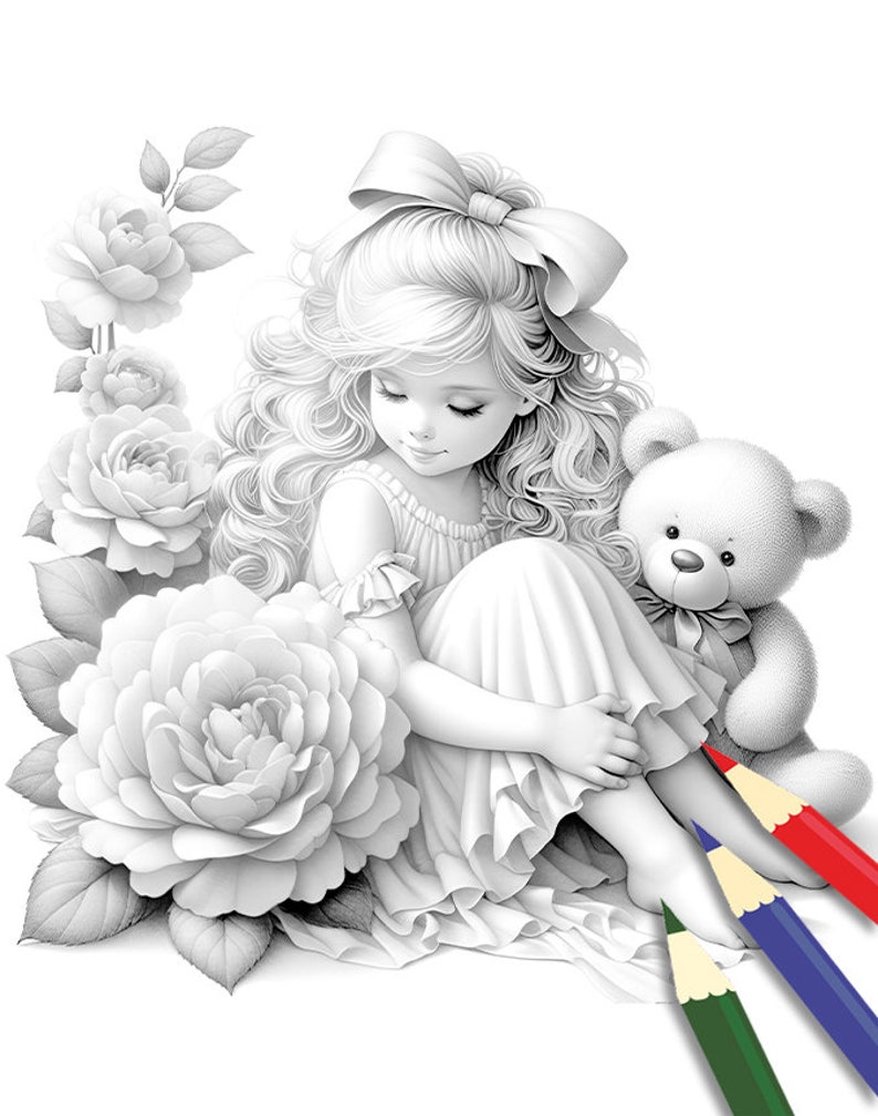 Girl and Teddy Bear Coloring Pages, Cute Little Girl With Flowers ...
