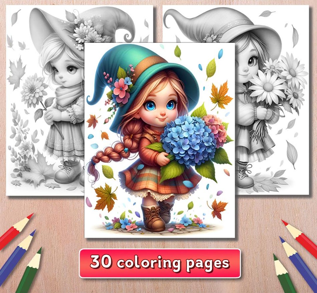 Gnome Girl Coloring Book: Autumn Flowers, 30 Pages (PDF) - Etsy