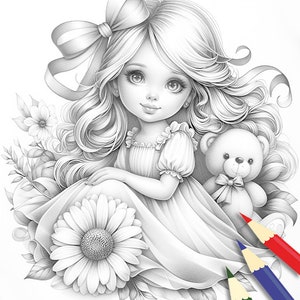 Girl and Teddy Bear Coloring Pages, Cute Little Girl With Flowers ...