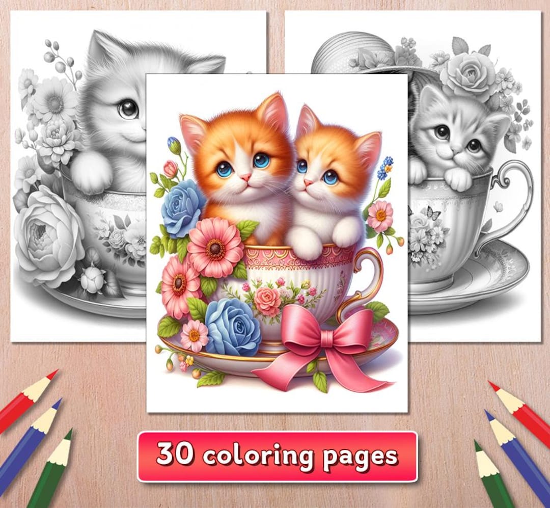30 Cute Kittens in a Teacup Coloring Pages, Adorable Cat Coloring Book ...