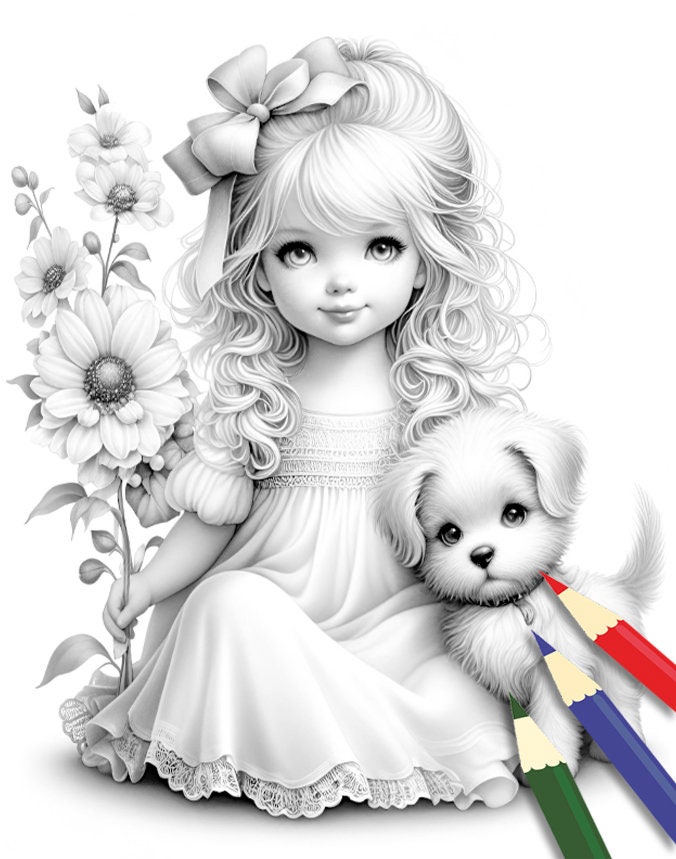 Little Girl and Puppy Coloring Pages, Cute Little Girl With Flowers ...