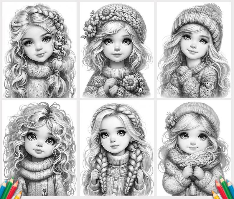 Winter Girls Portrait Coloring Book: 30 Grayscale Pages, Digital ...