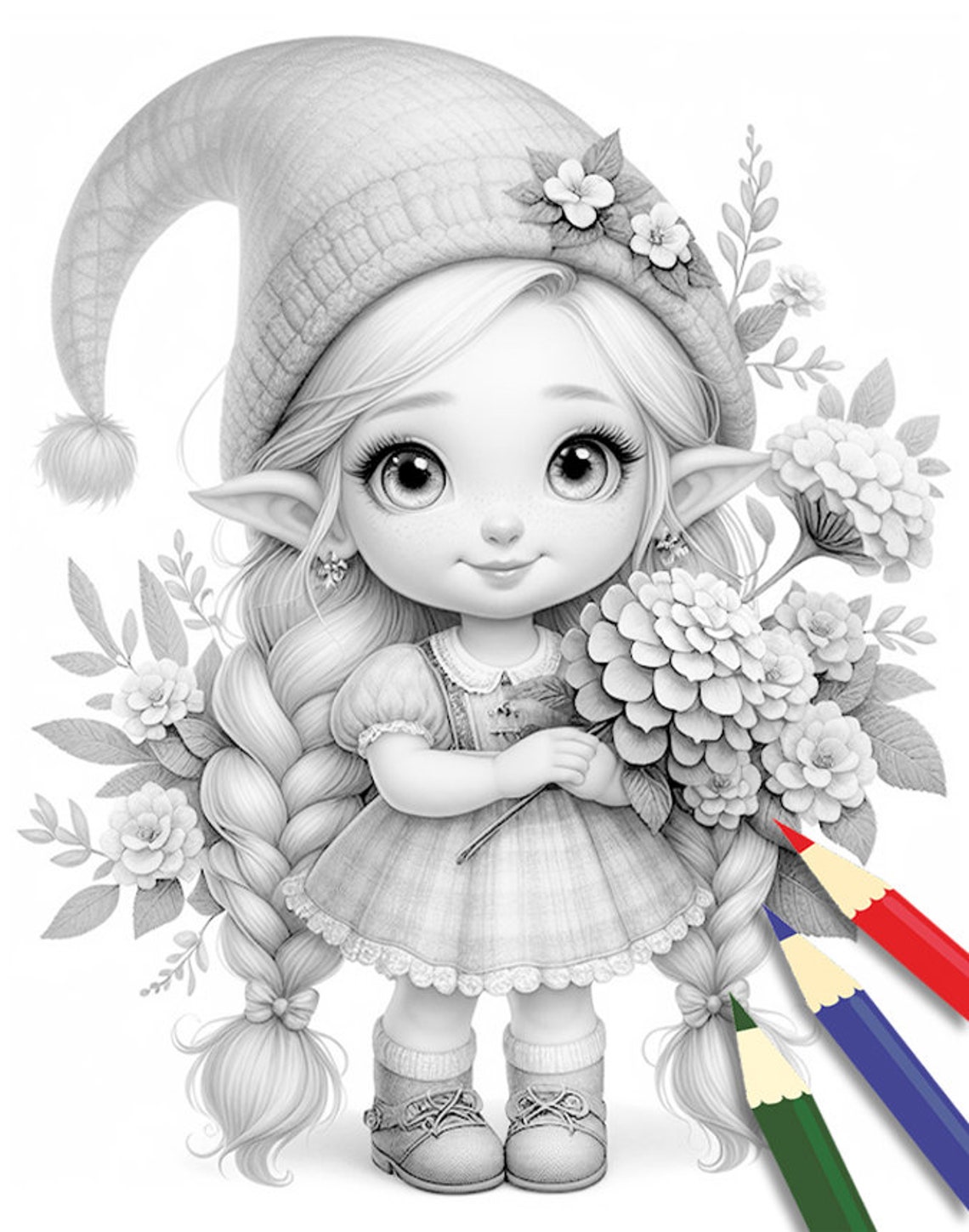 Gnome With Flower Coloring Pages, Cute Little Girl Gnome, Coloring Book ...