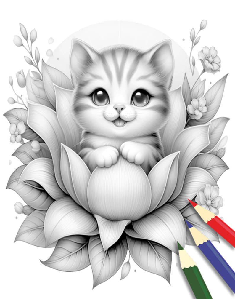 Cute Kitten and Flowers Coloring Pages, Adorable Cat Coloring Book ...