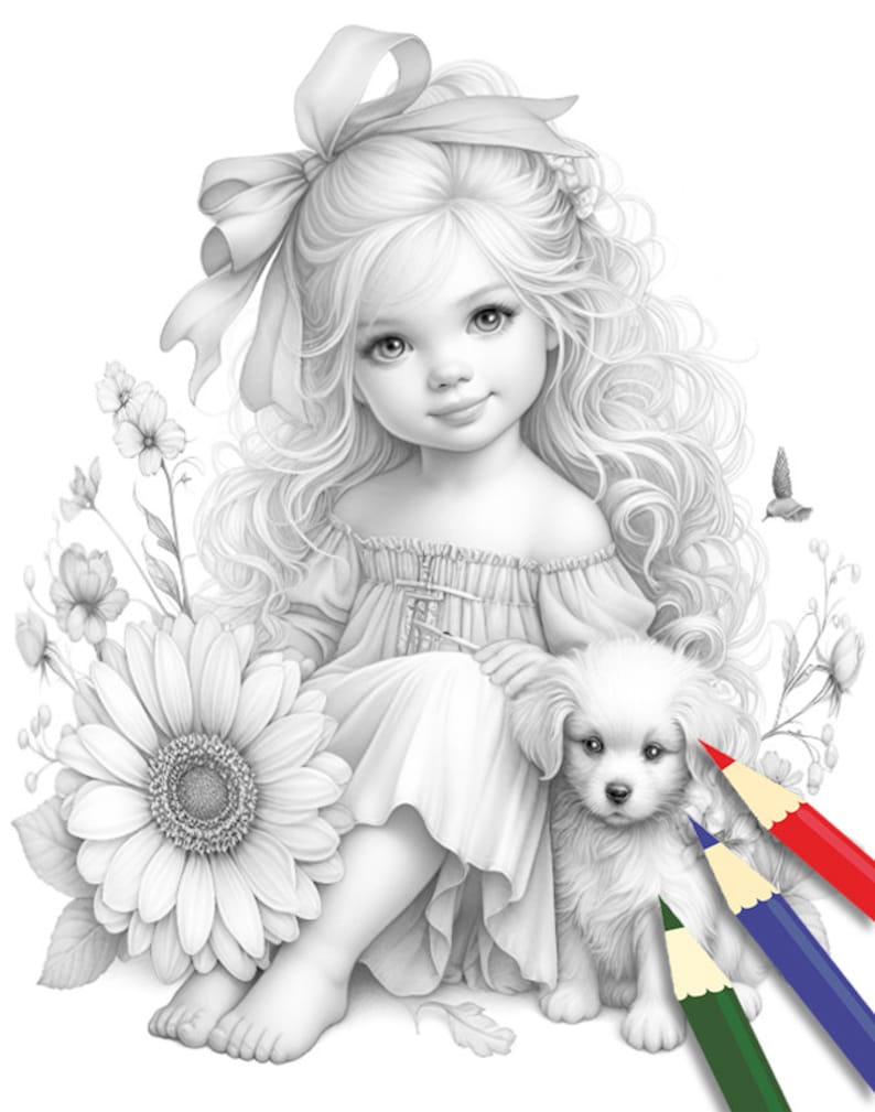Little Girl and Puppy Coloring Pages, Cute Little Girl With Flowers ...
