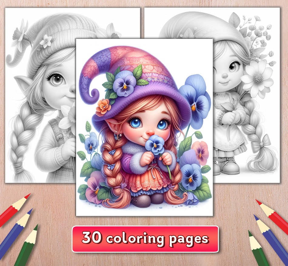 Gnome With Flower Coloring Pages, Cute Little Girl Gnome, Coloring Book ...