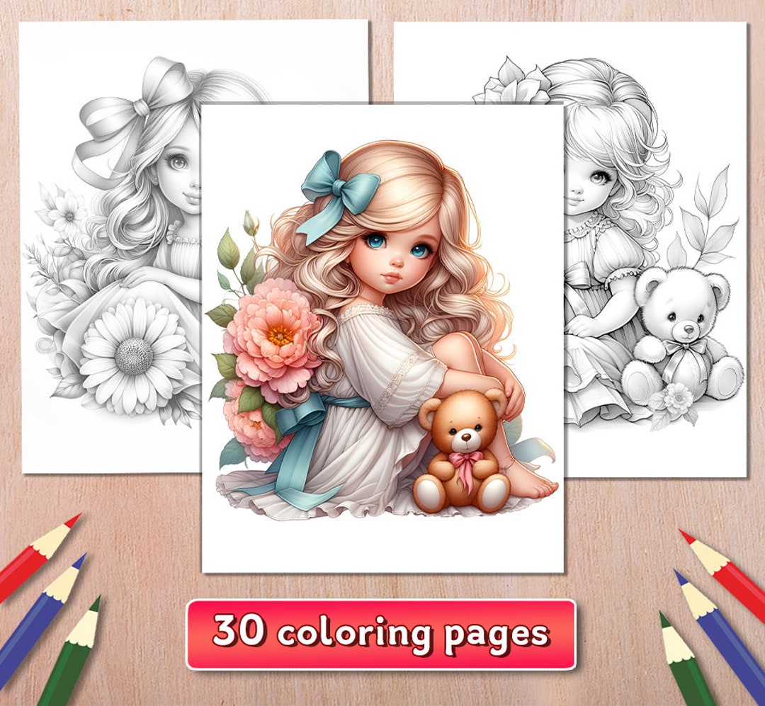 Girl and Teddy Bear Coloring Pages, Cute Little Girl With Flowers ...