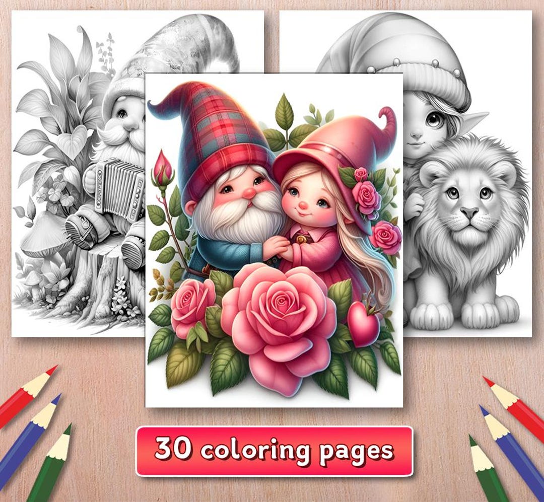 50 Gnomes Coloring Pages, Cute Gnome Coloring Book, Gnomes Grayscale ...