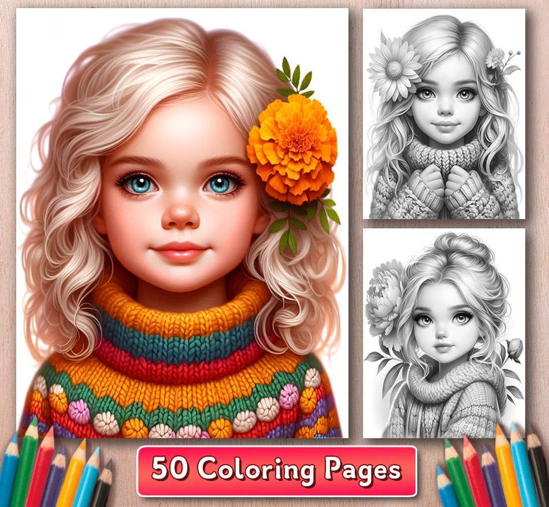 50 Grayscale Coloring PDF Images of Floral Girls Portraits, Cute Little ...