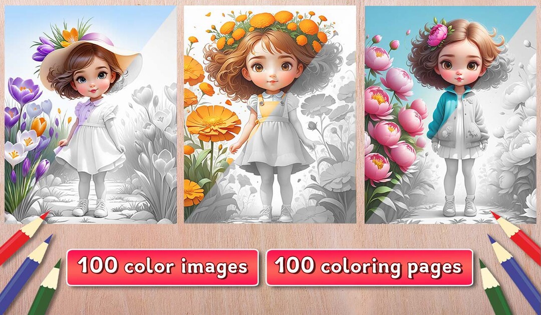 100 Grayscale Coloring Pages, 100 Color Images, Flower Garden and ...