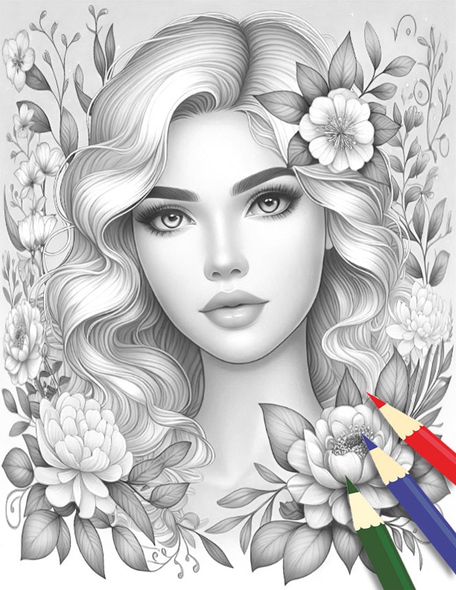 30 Blooming Lady Coloring Pages, Beautiful Women With Flowers Coloring ...