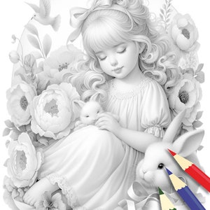 Girl and Bunny Coloring Pages, Cute Little Girl With Flowers and Bunny ...